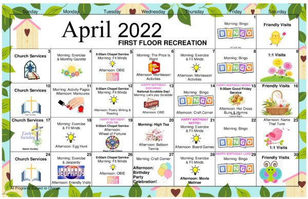 Tabor Manor Calendar - Apr 2022 | Radiant Care
